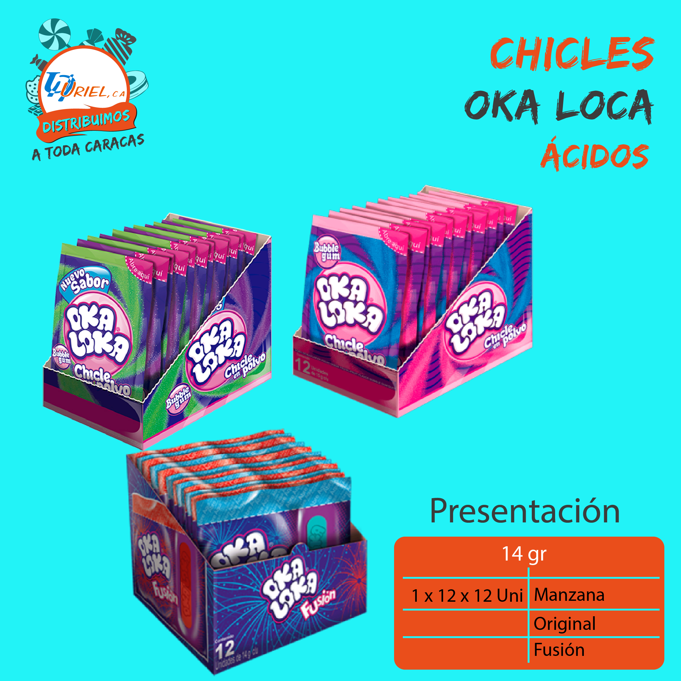 Chicles Ácidos Oka Loka 14 gr - Distribuidora Uriel CA Confitería